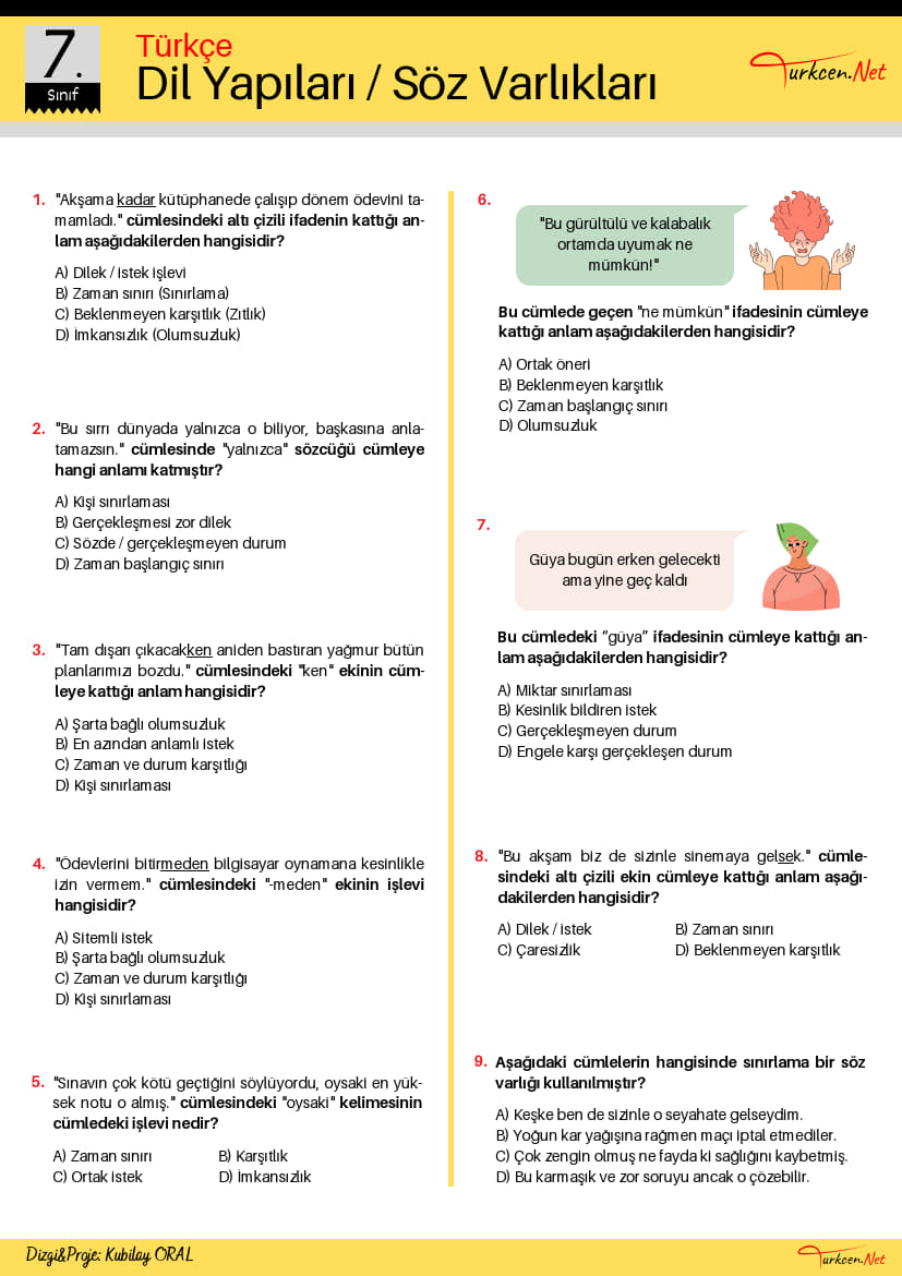 7. Sınıf Dil Yapıları Testi (Turkcen Serisi)